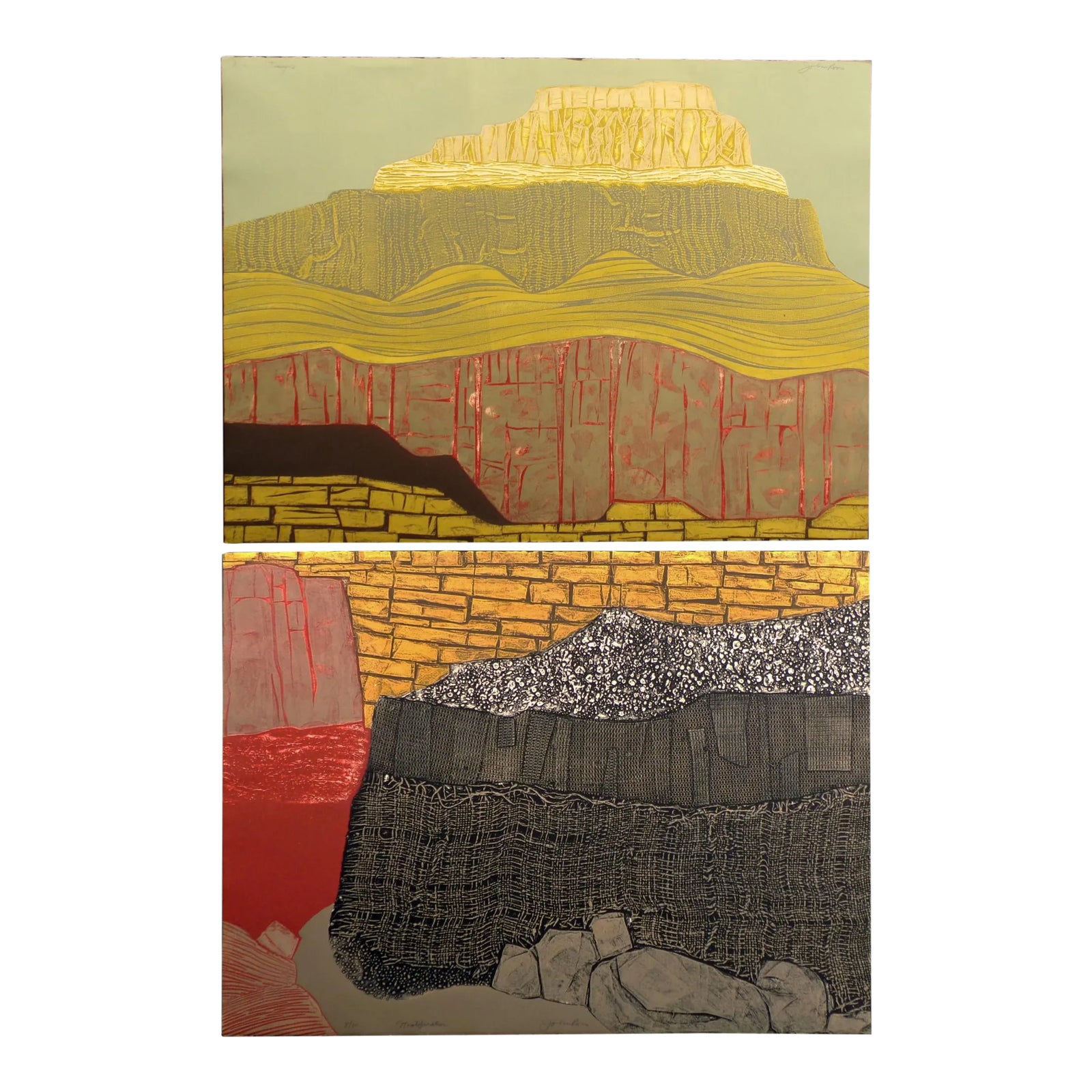 1980s "Temple Stratification" Abstract Landscape Diptych Collagraph by ...