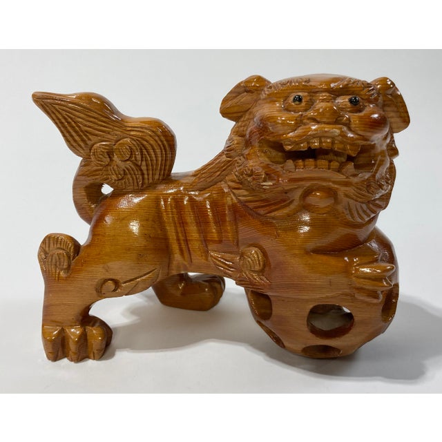 Hand Carved Wood Foo Dog Figurine | Chairish