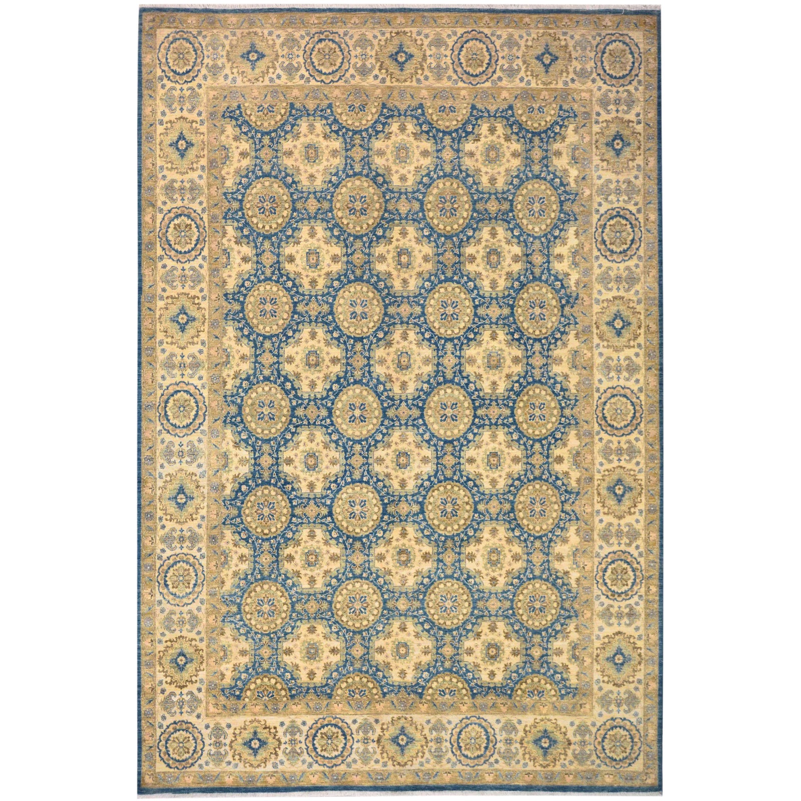 1990s Boho Chic Kafkaz Blue & Beige Wool Rug - 9'0 X 12'5 | Chairish