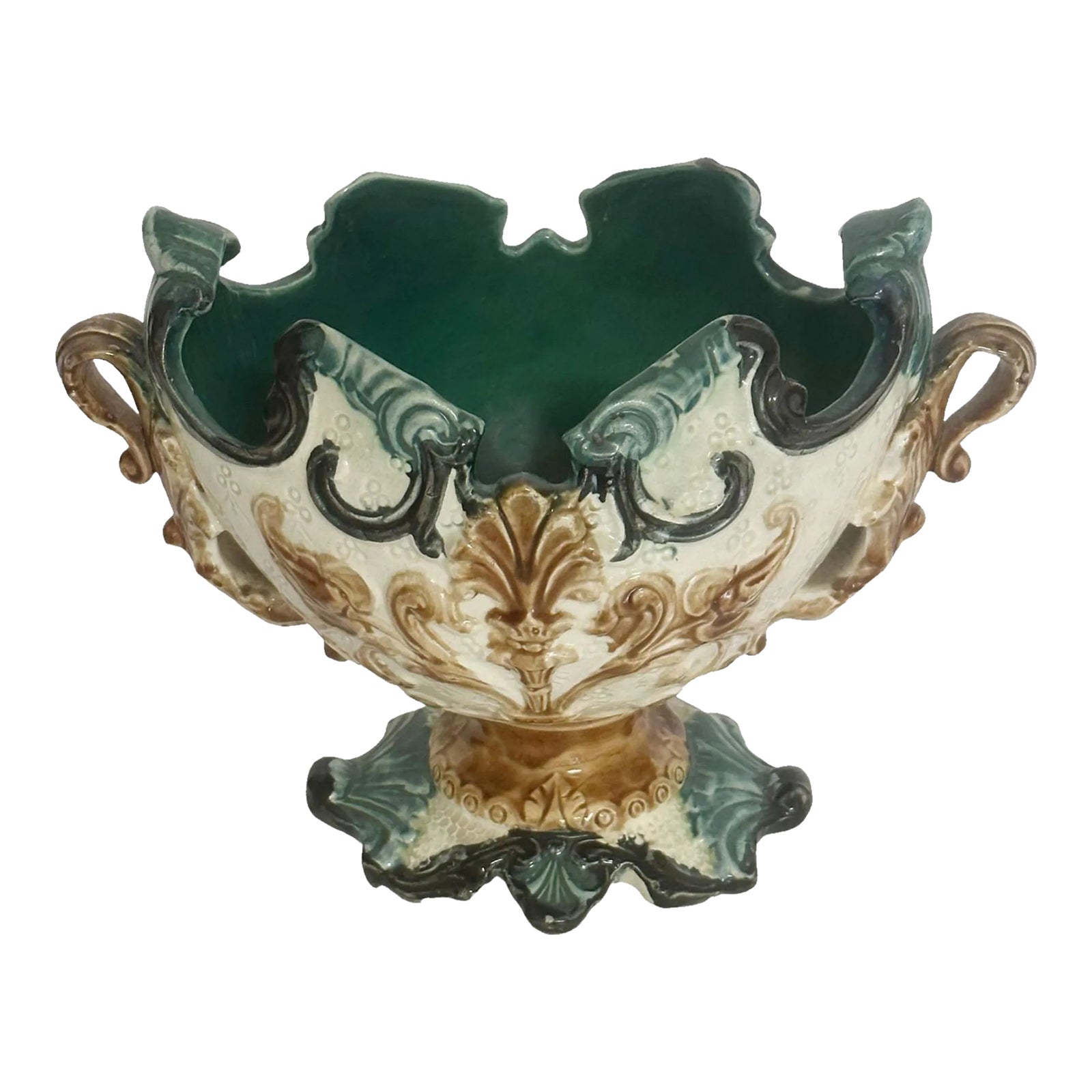 Antique French Barbotine Majolica Cache Pot | Chairish