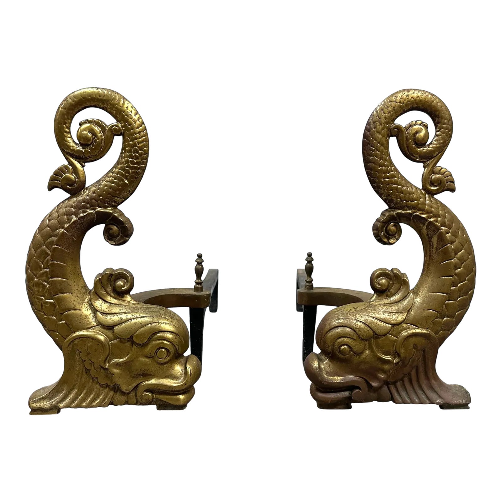 Pair of Brass Dolphin Form Andirons, Late 19th Century | Chairish