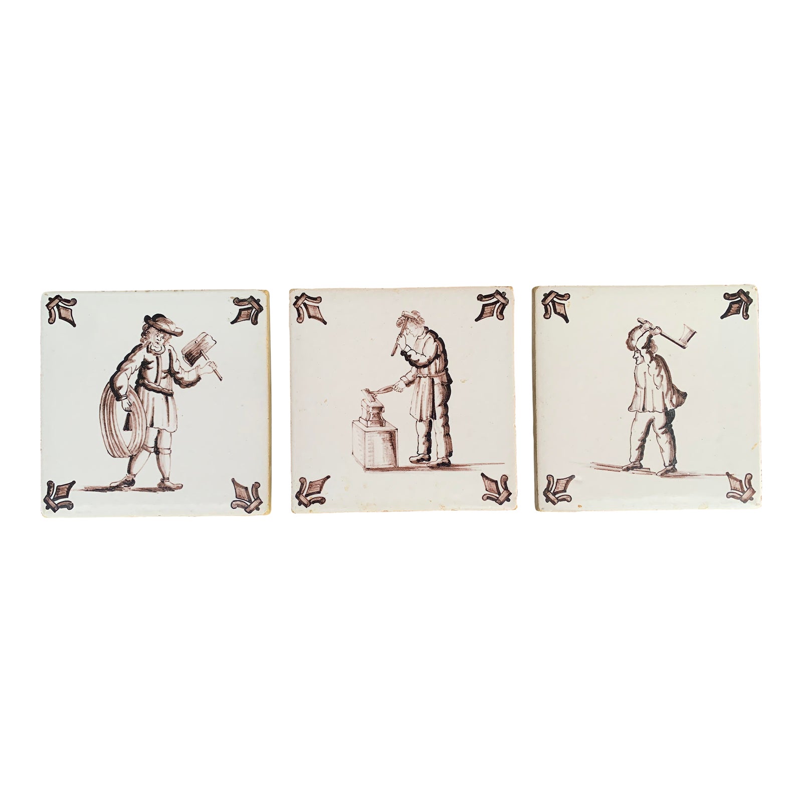 Antique Dutch Delft Style Craftsmen Brown and White Tiles, Set of Three ...