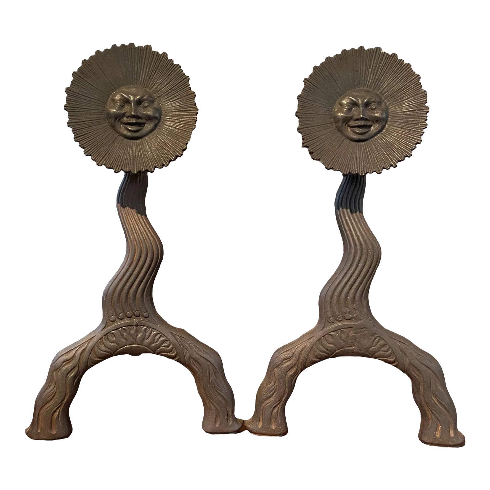 Bradley & Hubbard Iron Figural Sun Andirons Circa 1880 | Chairish