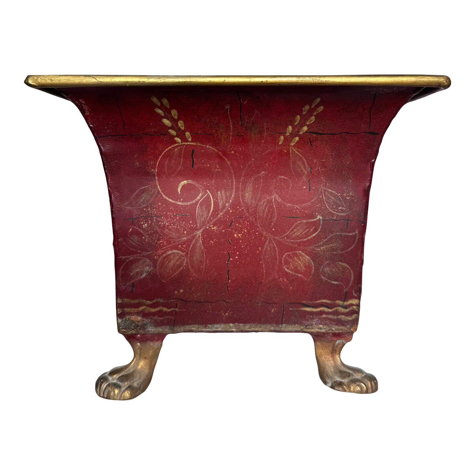 Antique French Toile Painted Red & Gold Footed Cachepot | Chairish