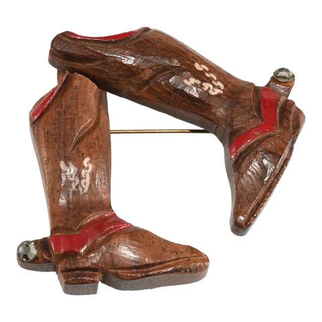 Vintage Wooden Western Cowboy Boots Brooch Pin | Chairish