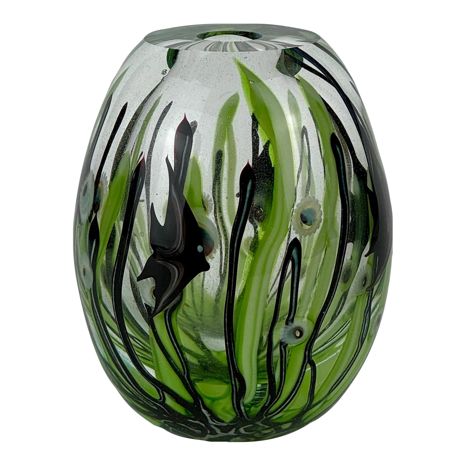 Signed Lee Hudin Art Glass Vase With Fish Sea Motif, Circa 1977 | Chairish