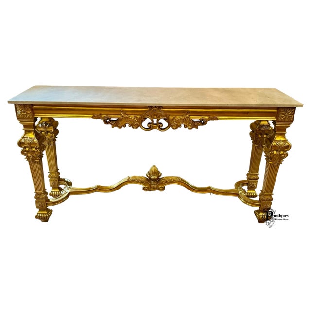 Vintage French Louis XIV Style Giltwood Marble Top Console Table | Chairish