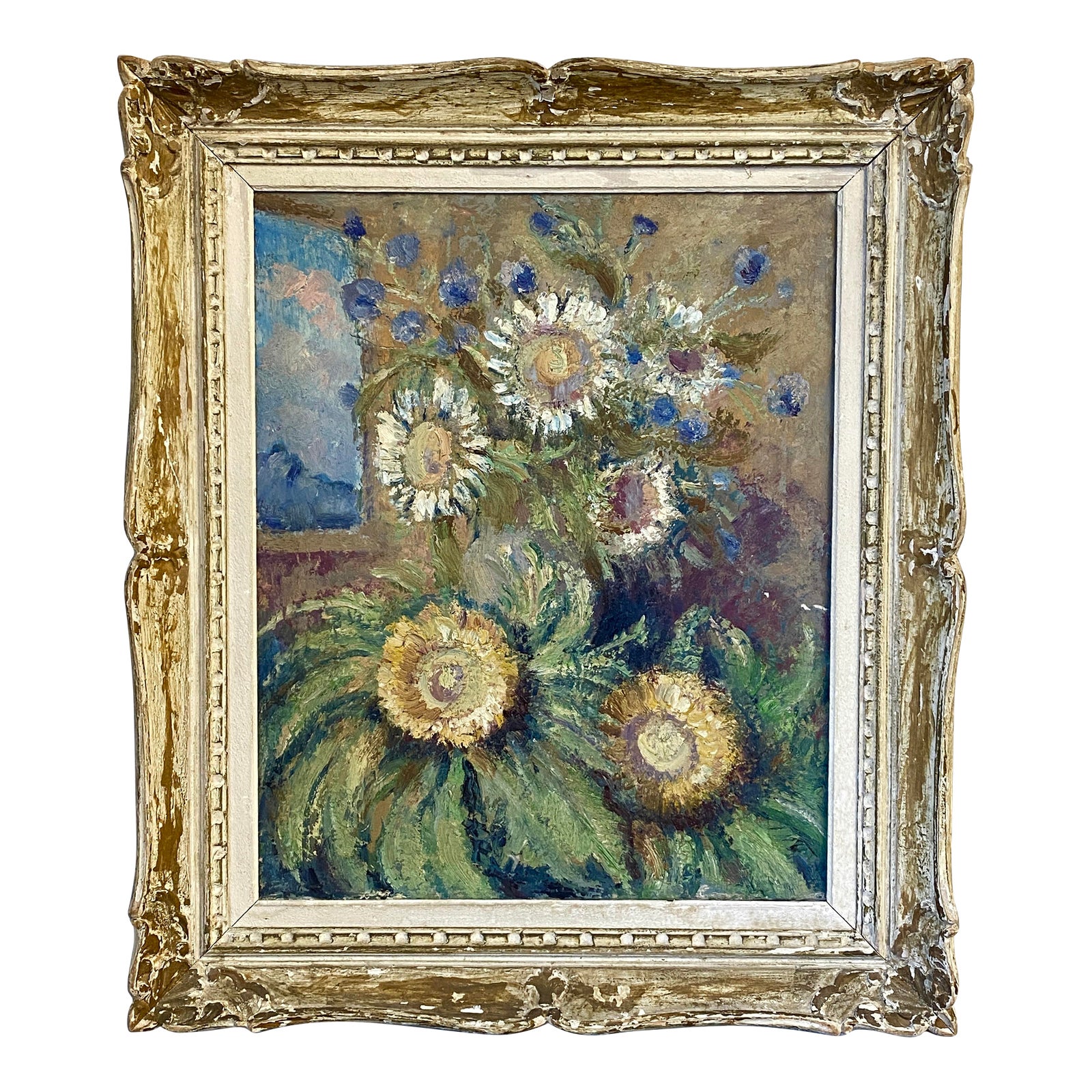 Early 1900s Original French Sunflower Still Life Oil Painting | Chairish