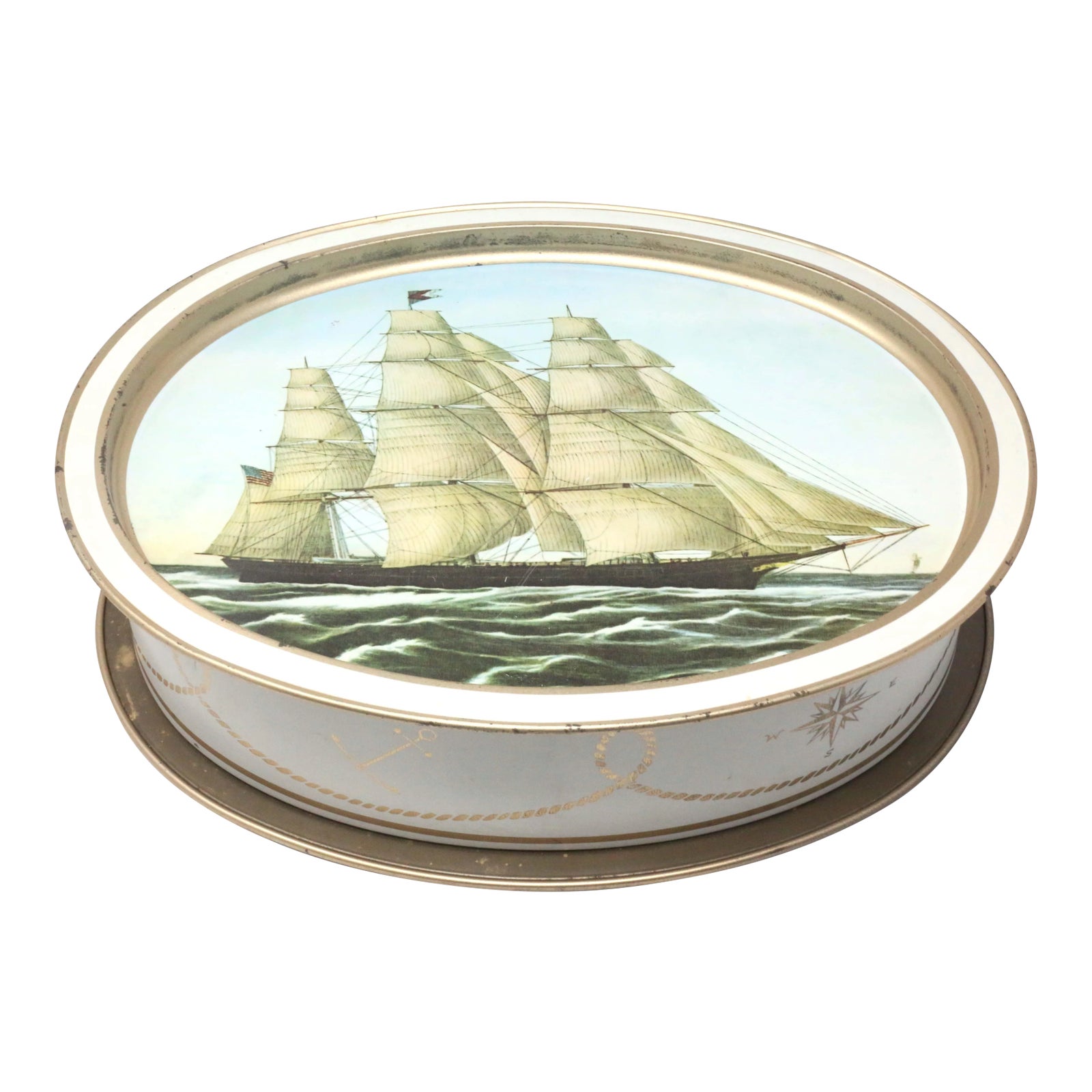Vintage Nautical Clipper Ship Large Tin Box and Tray | Chairish