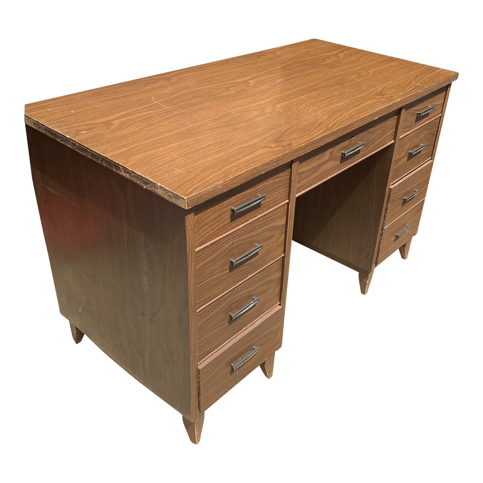 Vintage Solid Wood Partner Desk Featuring Nine Drawers | Chairish