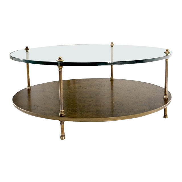 Large Round Two Tier Burl Wood Thick Glass Top Coffee Center Table ...