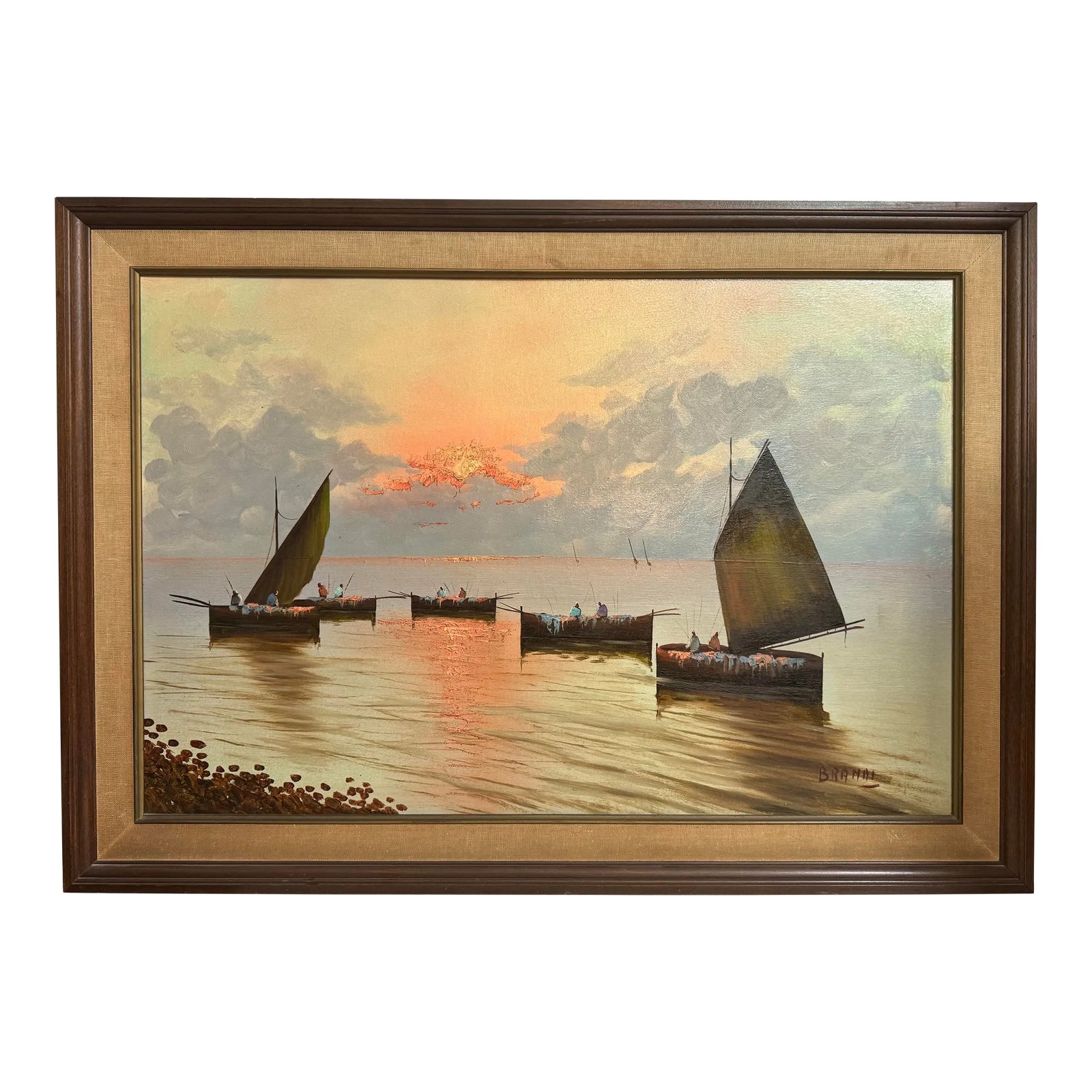 Brandi, Rosario, Ships at Dusk, Large Mid Century Italian Seascape ...