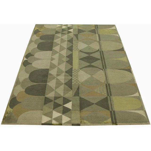 1990s Vintage Handwoven Modern Green Area Rug | Chairish