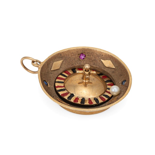 Vintage Spinning Roulette Wheel Charm 14k Gold Pendant | Chairish