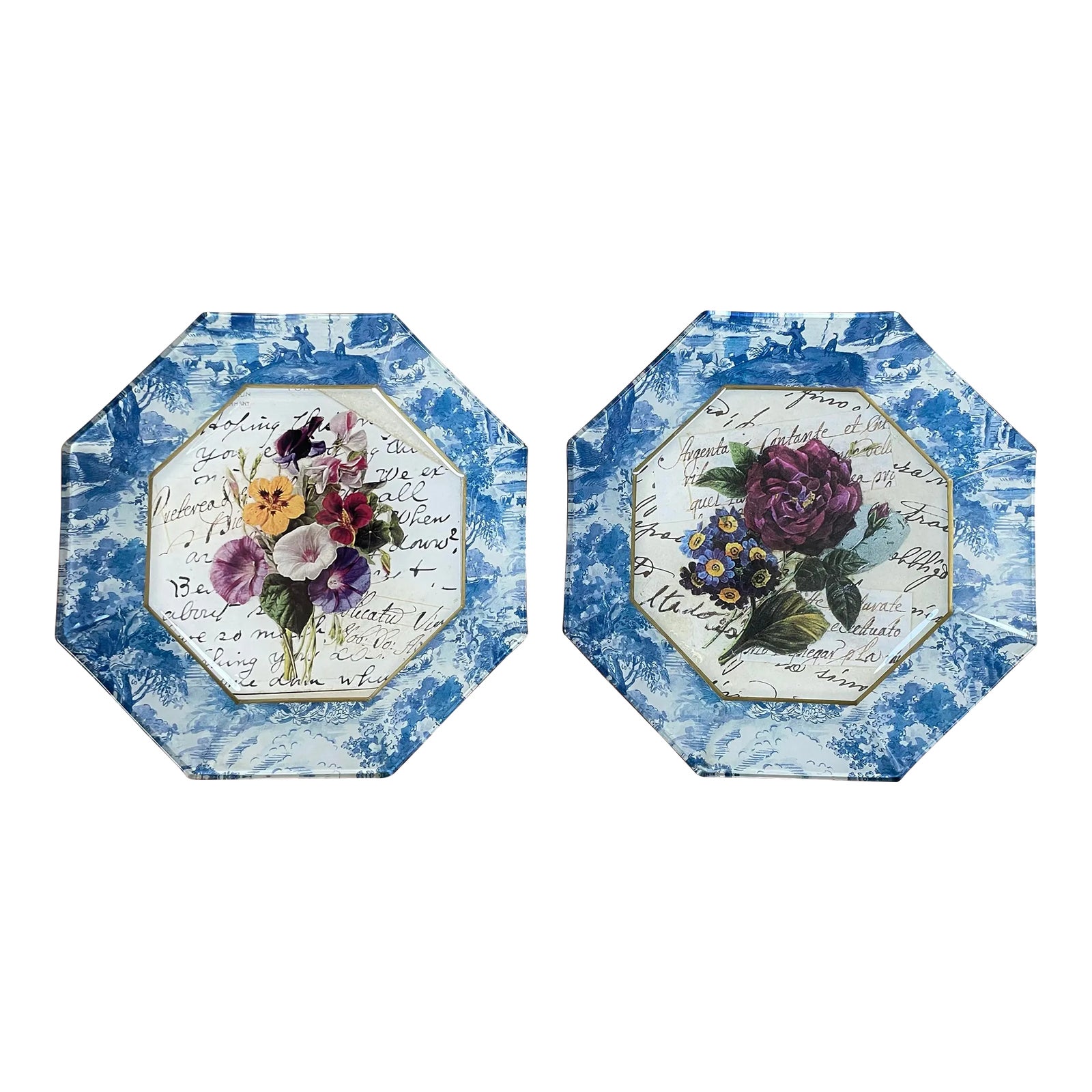 Marye-Kelley Signed Floral & Toile Découpage 8.75” Octagon Plates - Set ...