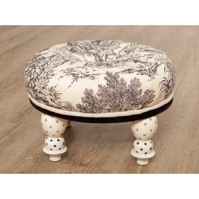 Blue Star Design French Toile Round Foot Stool | Chairish