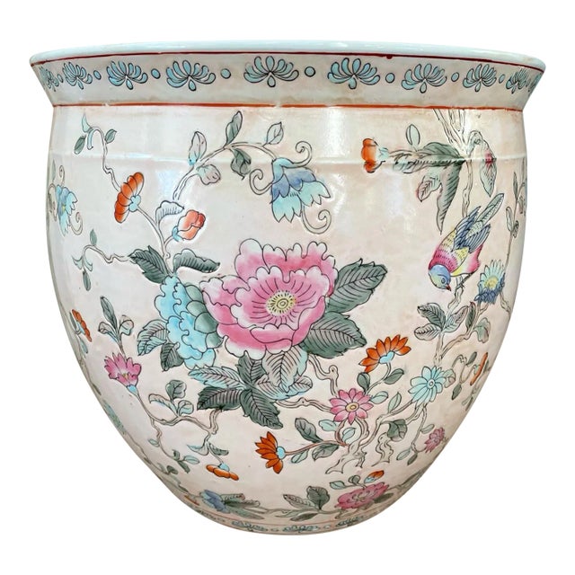 Beautiful Large Vintage Chinoiserie Handpainted Cachepot | Chairish