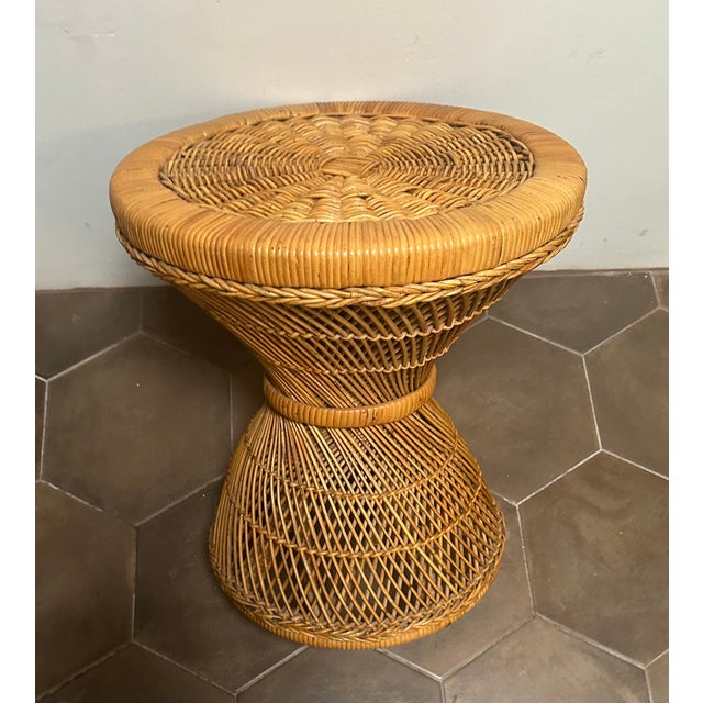 1960s Boho Coastal Chic Wicker Rattan Hourglass Side Table | Chairish