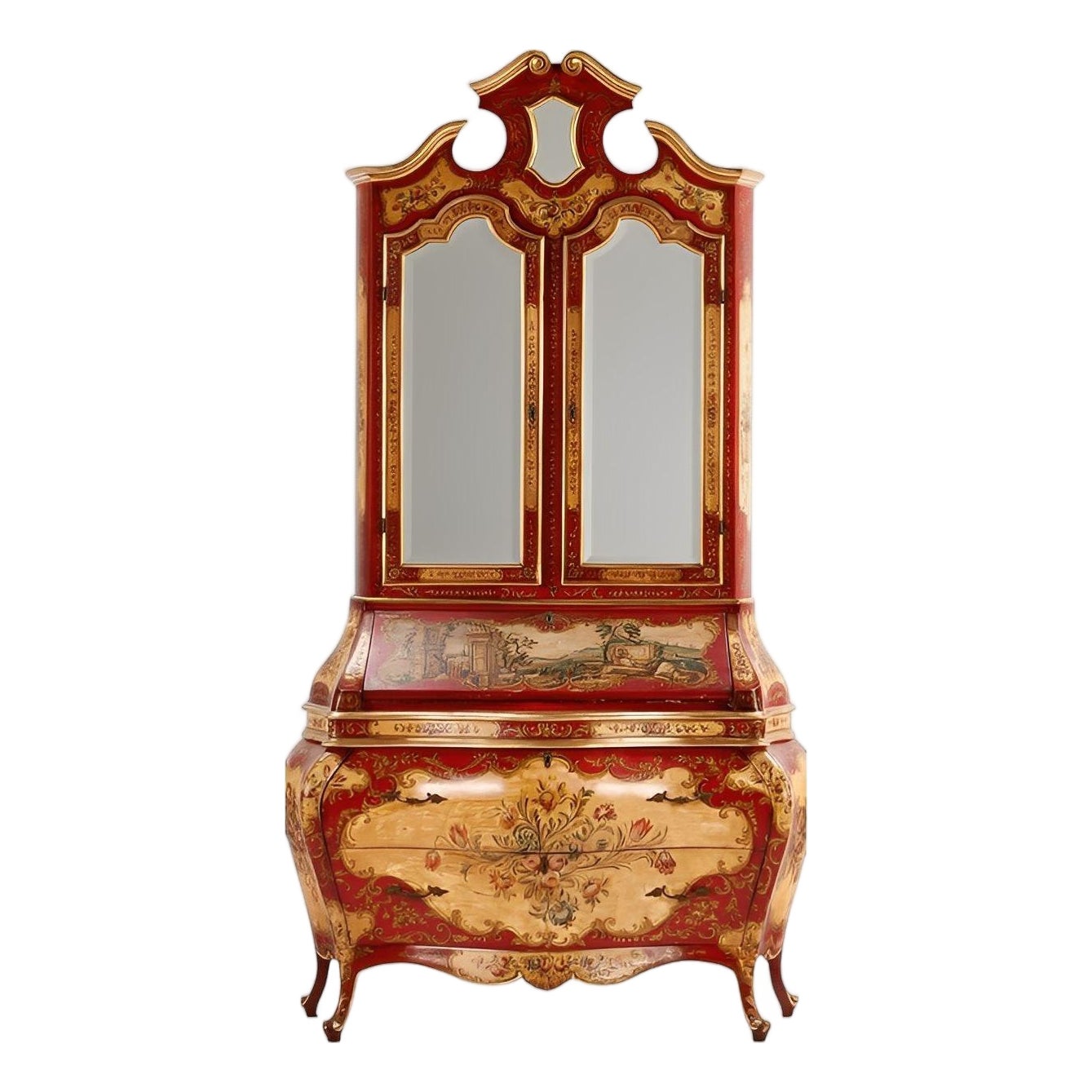 Italian Venetian Rococo-Style Painted Secretary Cabinet-Mirrored Doors ...