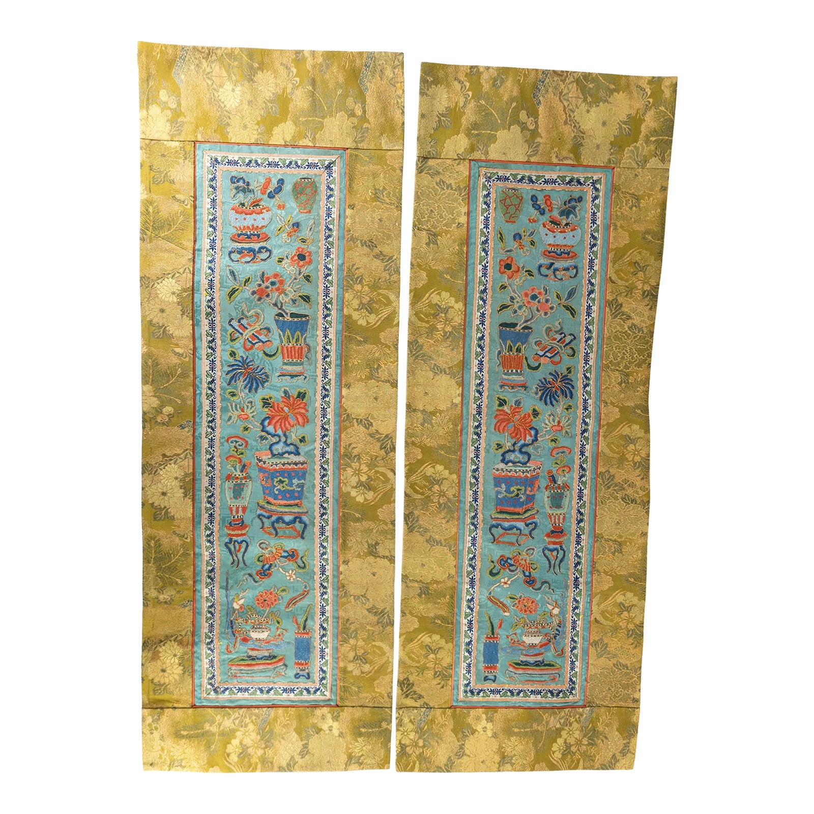 19th Century Pair of Chinese Silk Embroidered Forbidden Stitch Textile ...