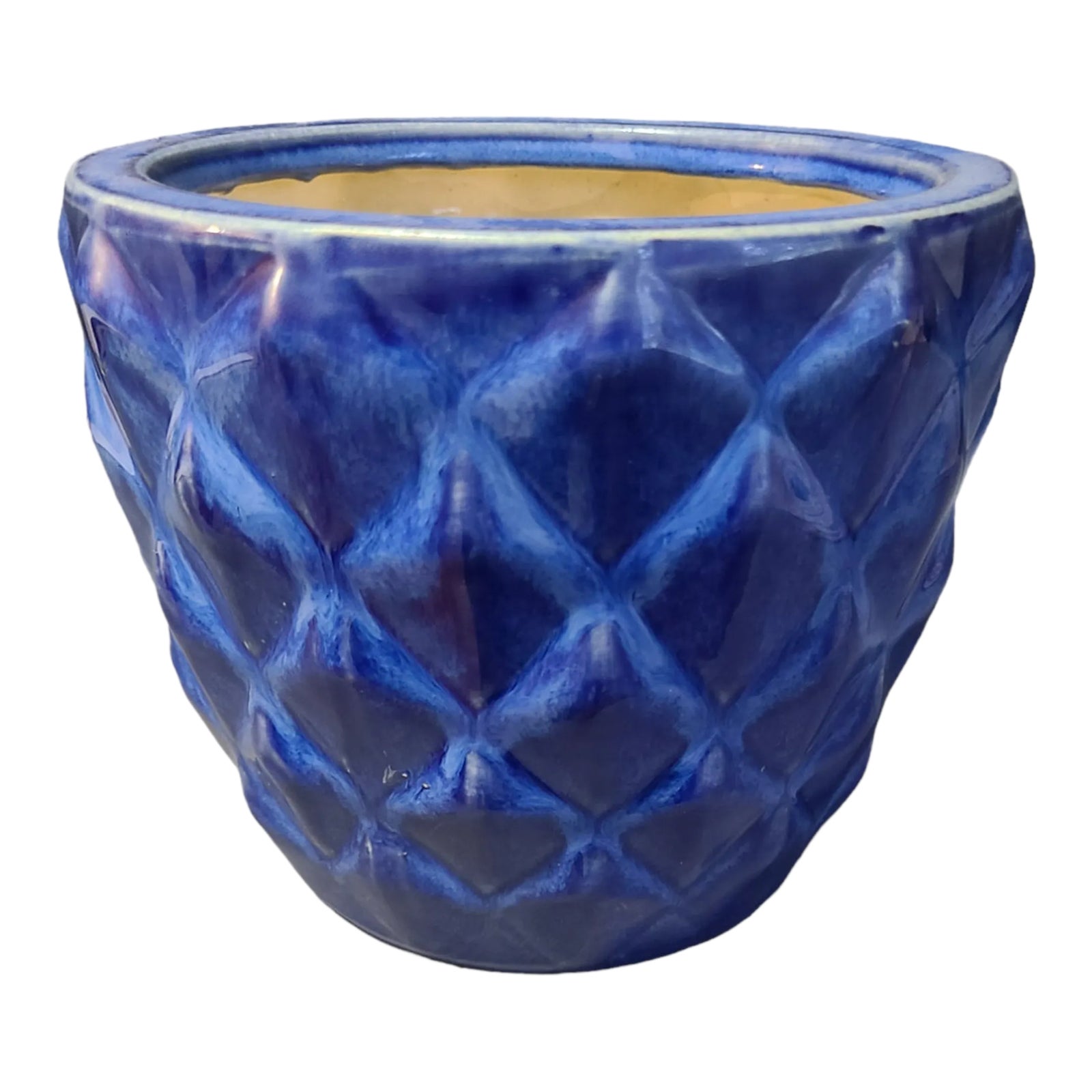 Vintage Earthenware Glazed Diamond Embossed Blue Planter | Chairish