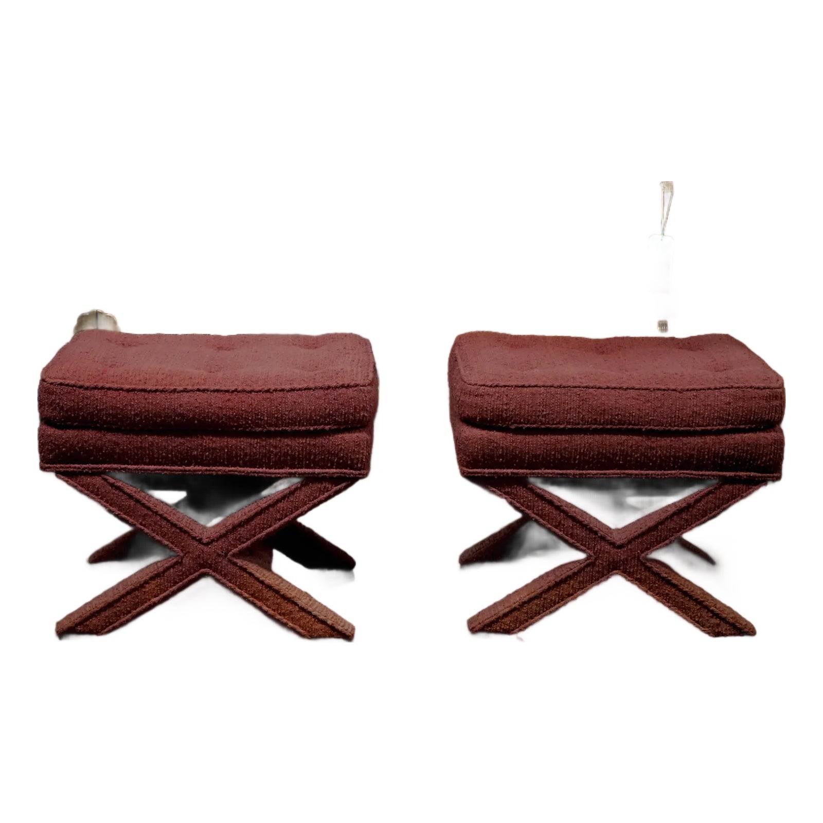 1960s Pair of Billy Baldwin Style X-Base Stools With Burgundy Upholstery | Chairish