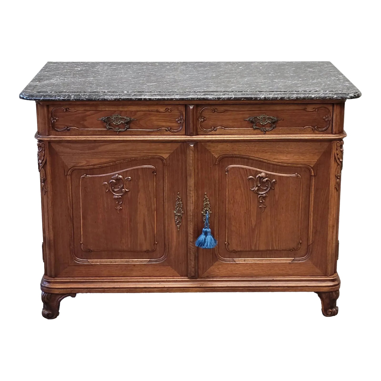 Antique Early 1900s Austrian Walnut Marble Top Sideboard Buffet | Chairish