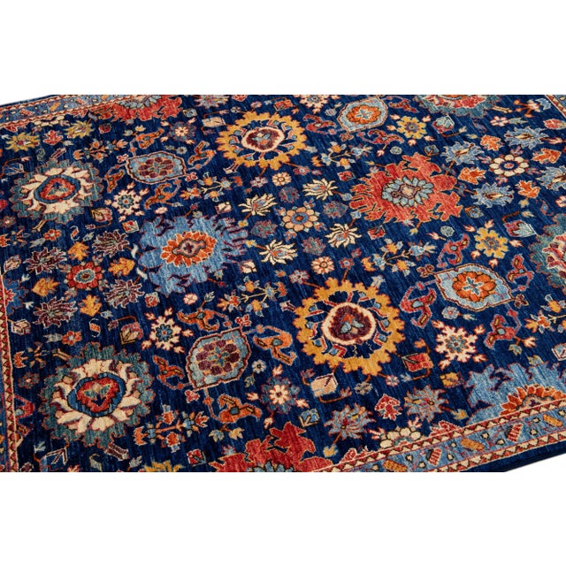 Modern Bidjar Style Handmade Floral Designed Blue Scatter Wool Rug ...