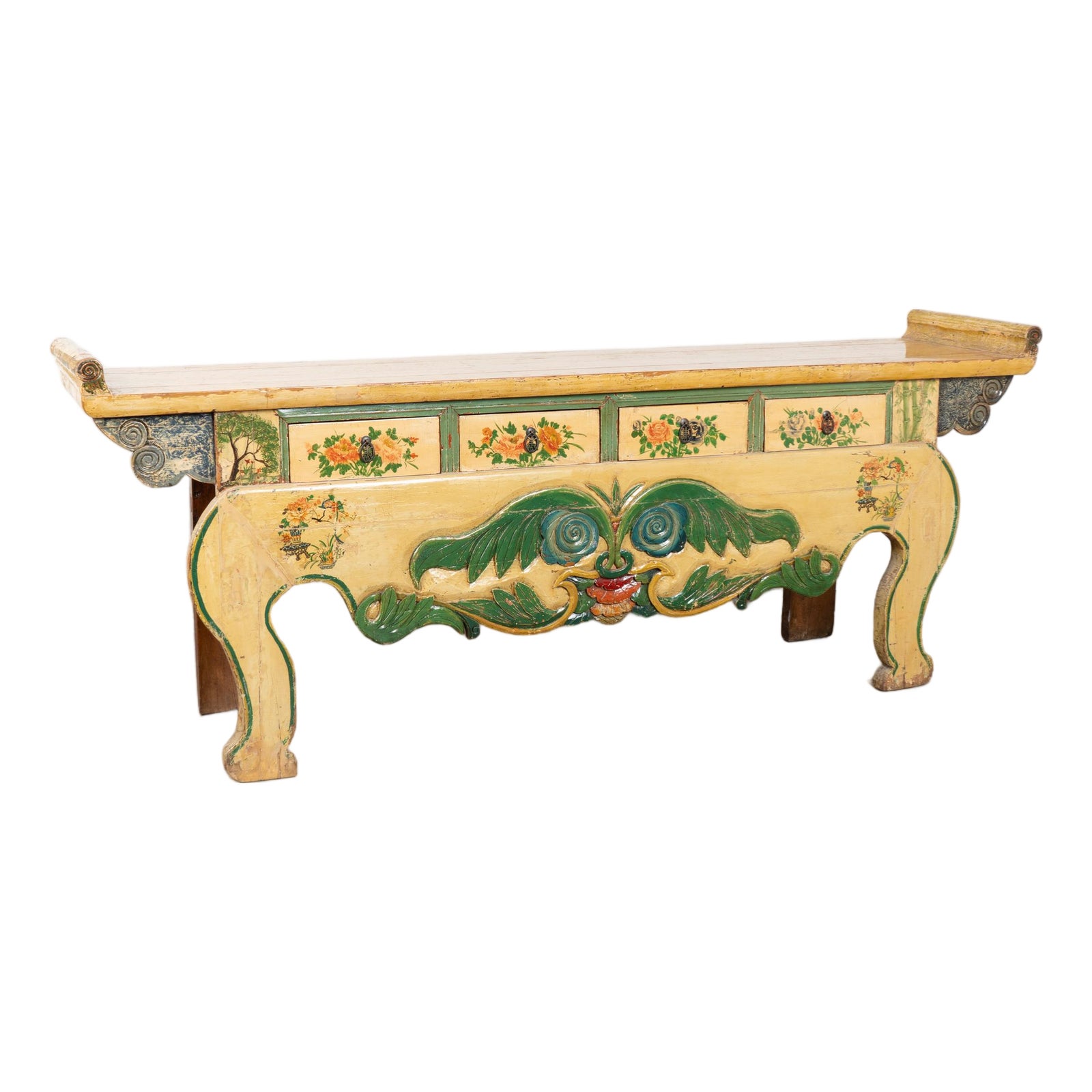 19th Century Chinese Yellow Lacquered Altar Table Console | Chairish