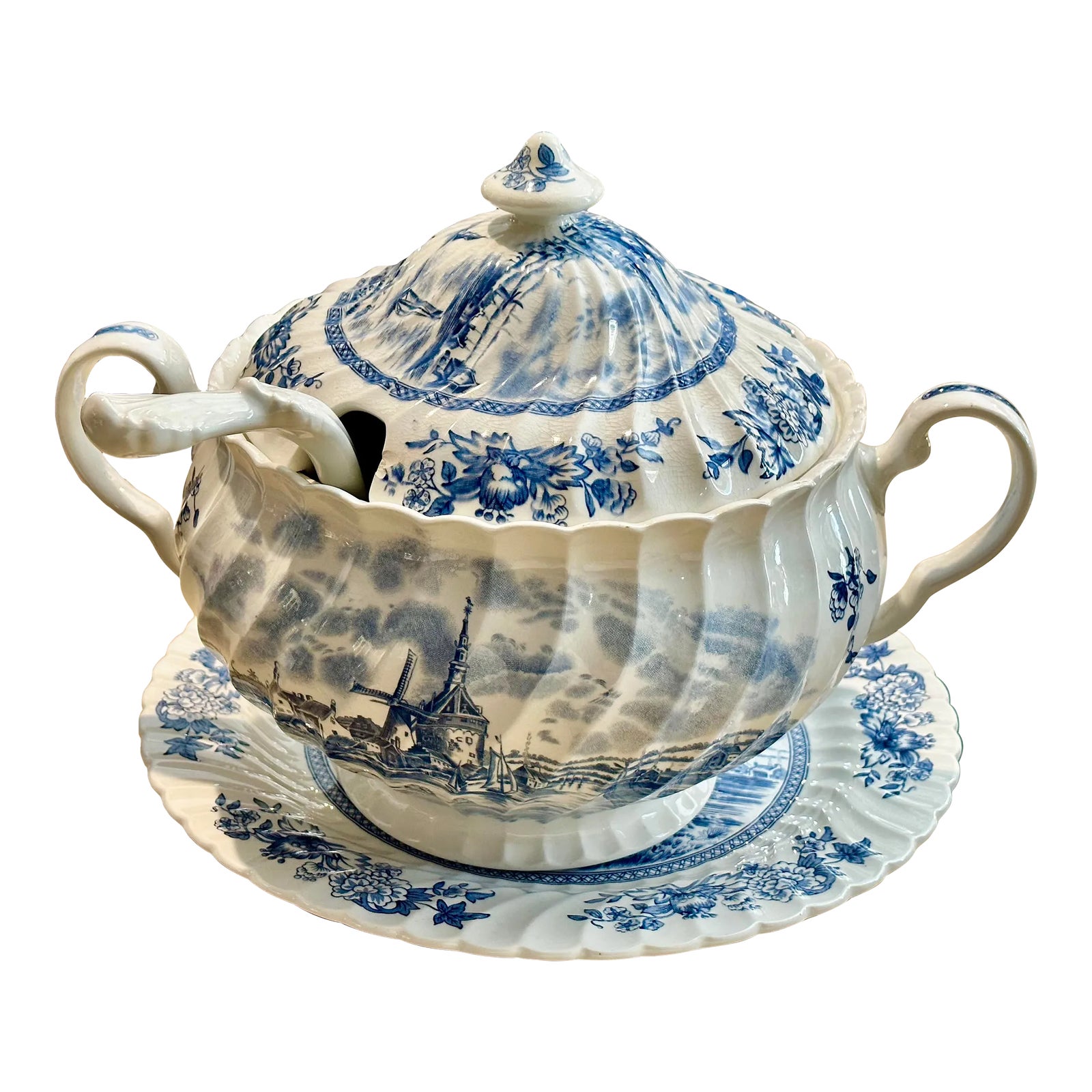 English Blue & White Soup Tureen, Set | Chairish