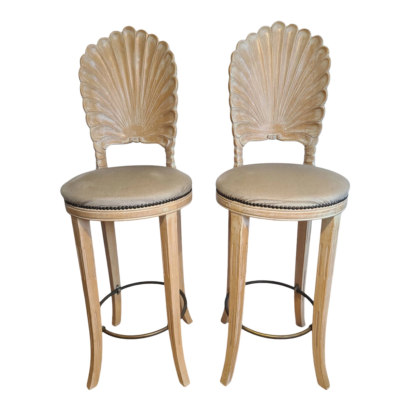 1960s Pair of Italian Scallop Shell Carved Wood Back Bar Stools | Chairish