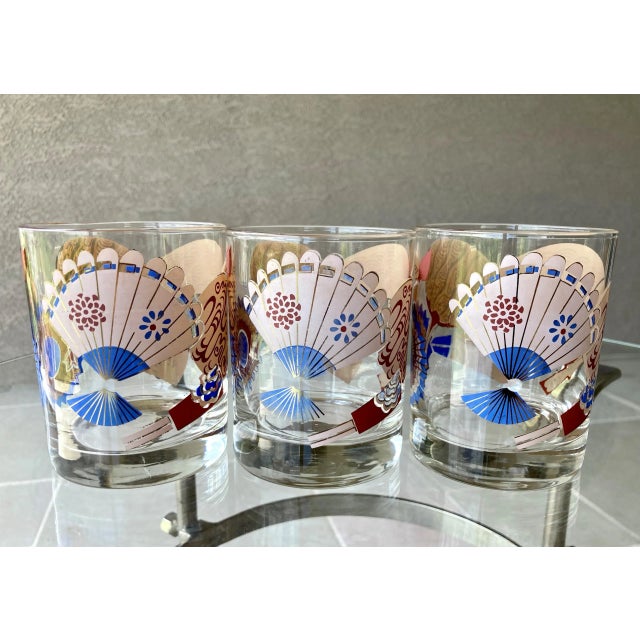 Mid-Century “Japanese Fans & Combs” Motif Lowball Glasses Attributed to ...