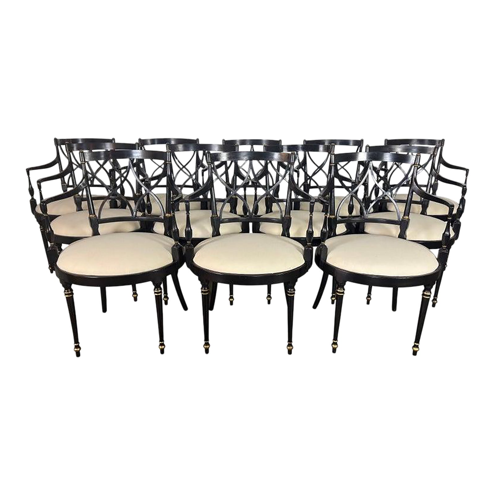 Set of Twelve Regency-Style Ebonized Dining Chairs With Linen Seats ...