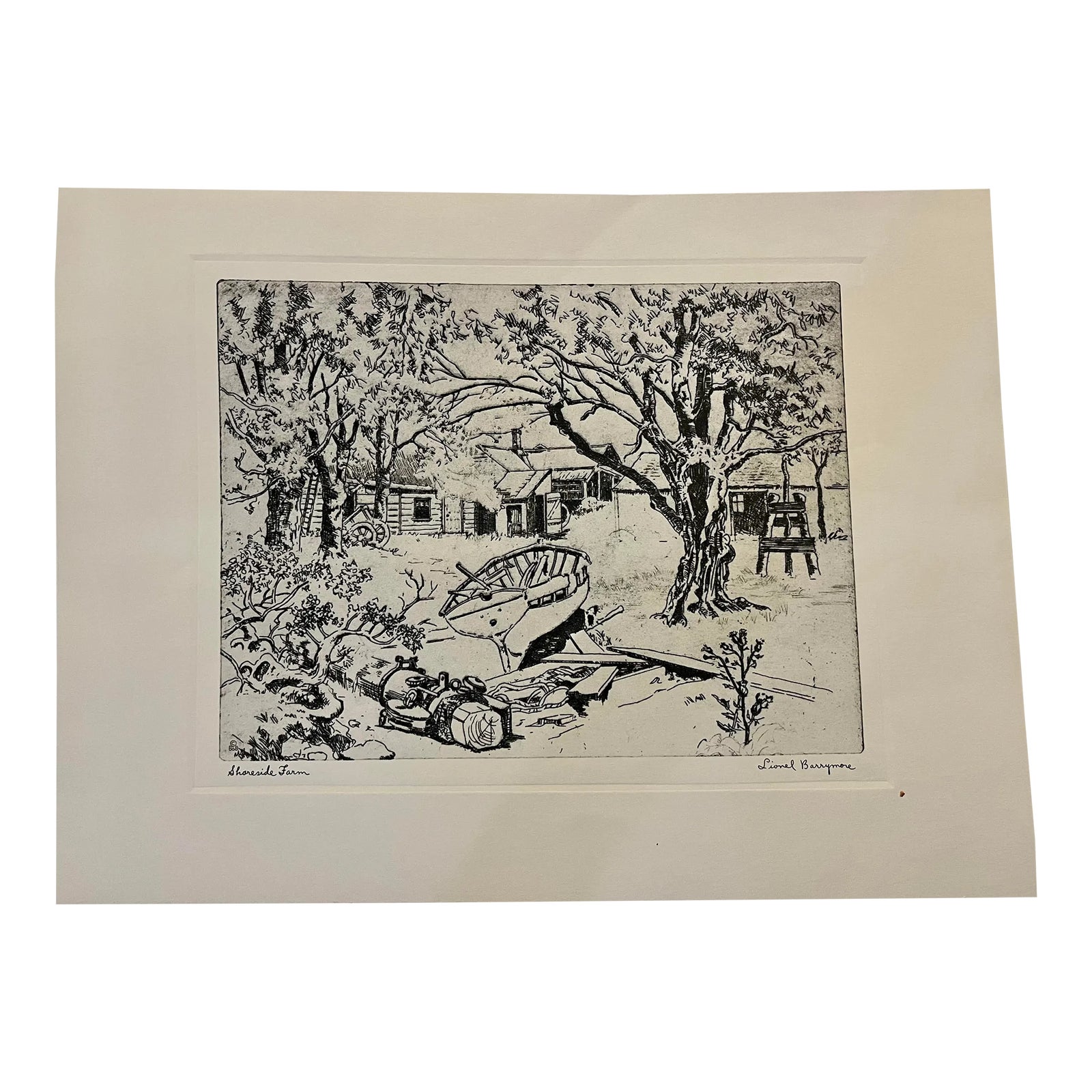 Circa 1932 Shoreside Farm Etching by Lionel Barrymore | Chairish