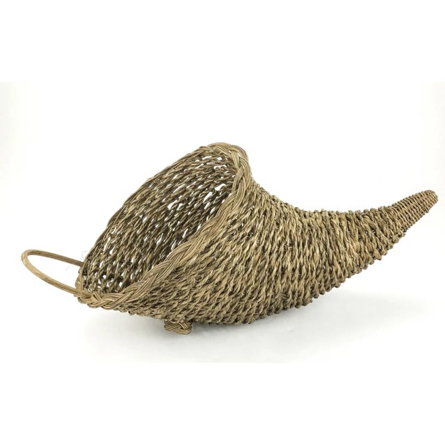 Vintage Horn of Plenty Cornucopia Wicker Straw Basket | Chairish