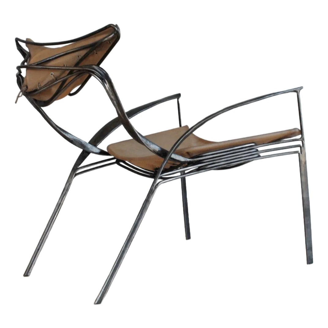 Forged Sculptural Brutalist Steel and Vegetable Tan Leather Lounge ...