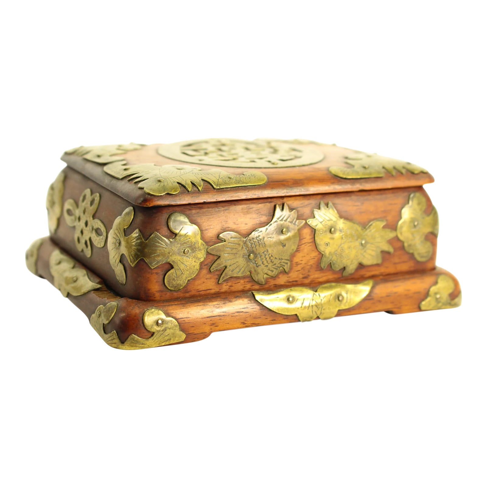 19th Century Boxwood Chinese Box With Brass Overlay, Prosperity "Lu ...