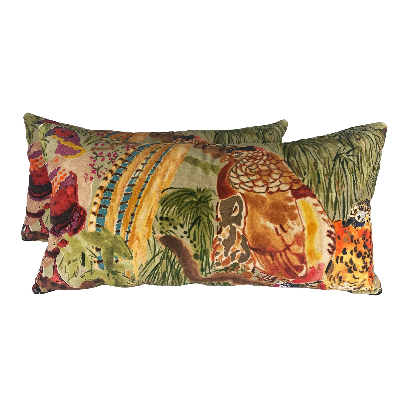 Mulberry "Game Birds Velvet" in Fig/Multi 12"x22" Pillows-A Pair | Chairish