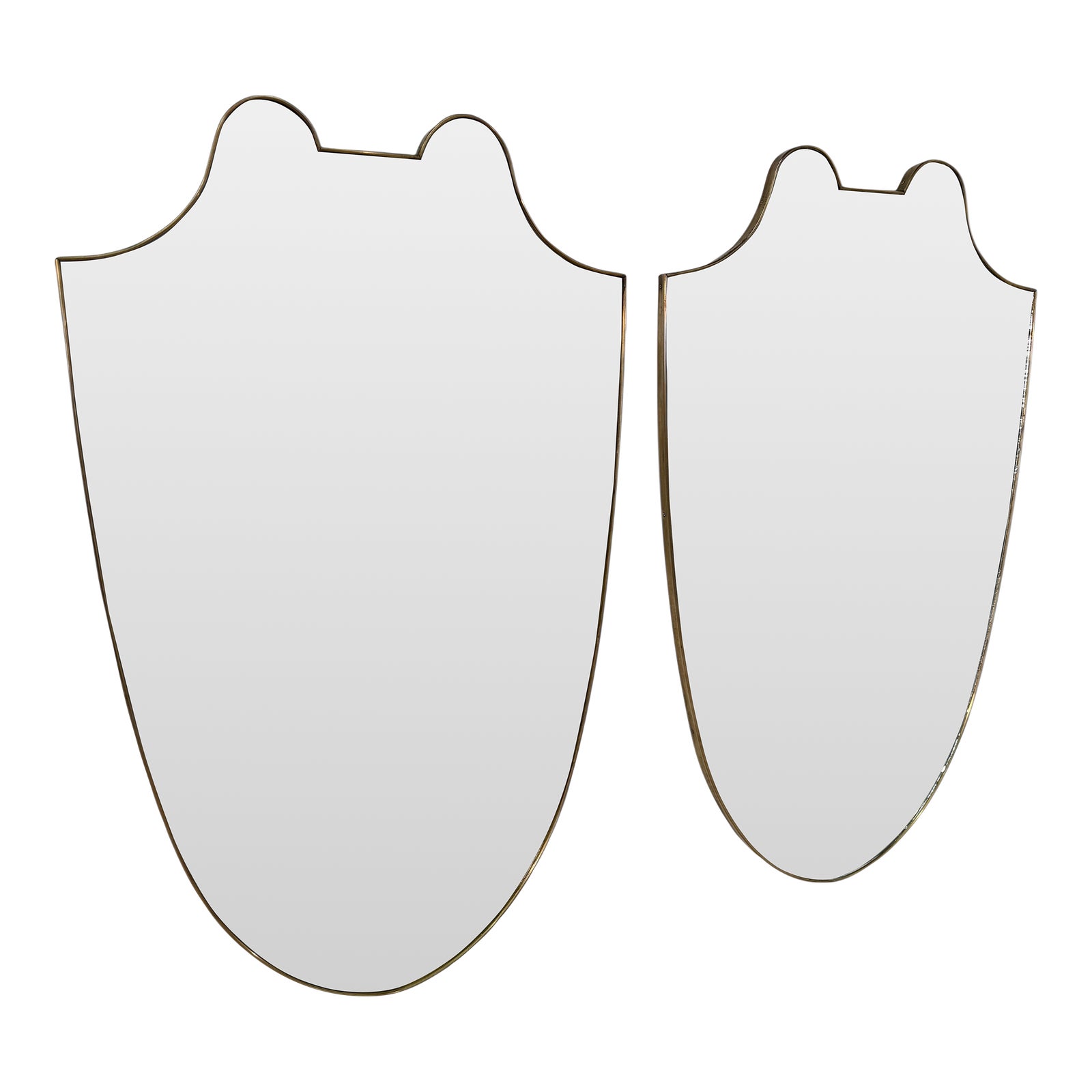 Pair of Italian Brass Framed Shield Form Wall Mirrors, 1950s | Chairish