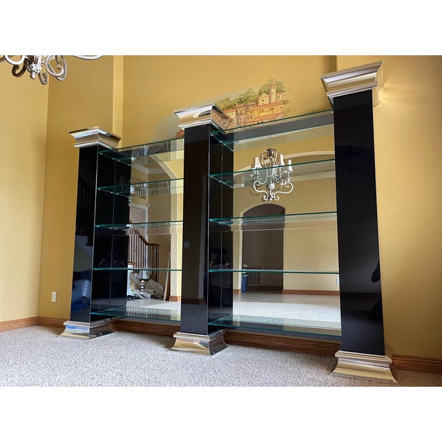 1990s Art Deco Black Mirrored Pillar Chrome and Glass Shelving Display ...