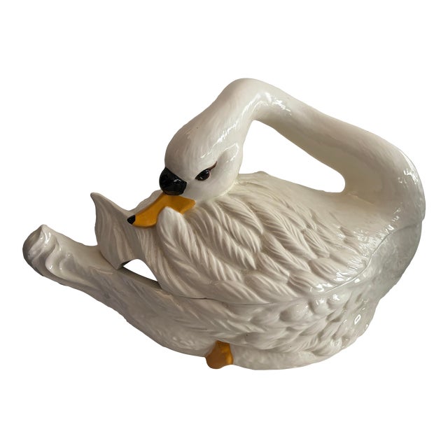 1990s Large Cream Painted Ceramic Covered Swan Tureen | Chairish