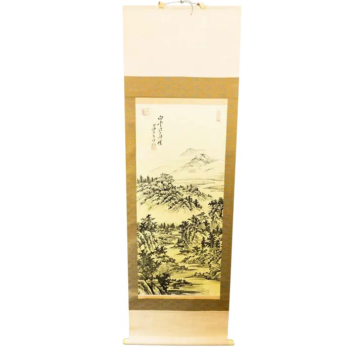Vintage Japanese Landscape Ink and Wash Painting Silk Scroll | Chairish