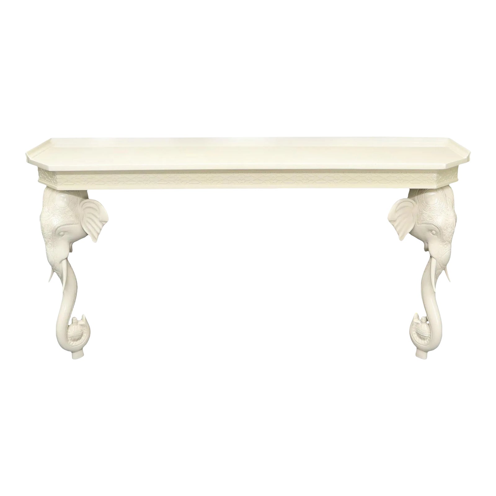 White Lacquer Carved Elephant Bases Console Wall Table | Chairish