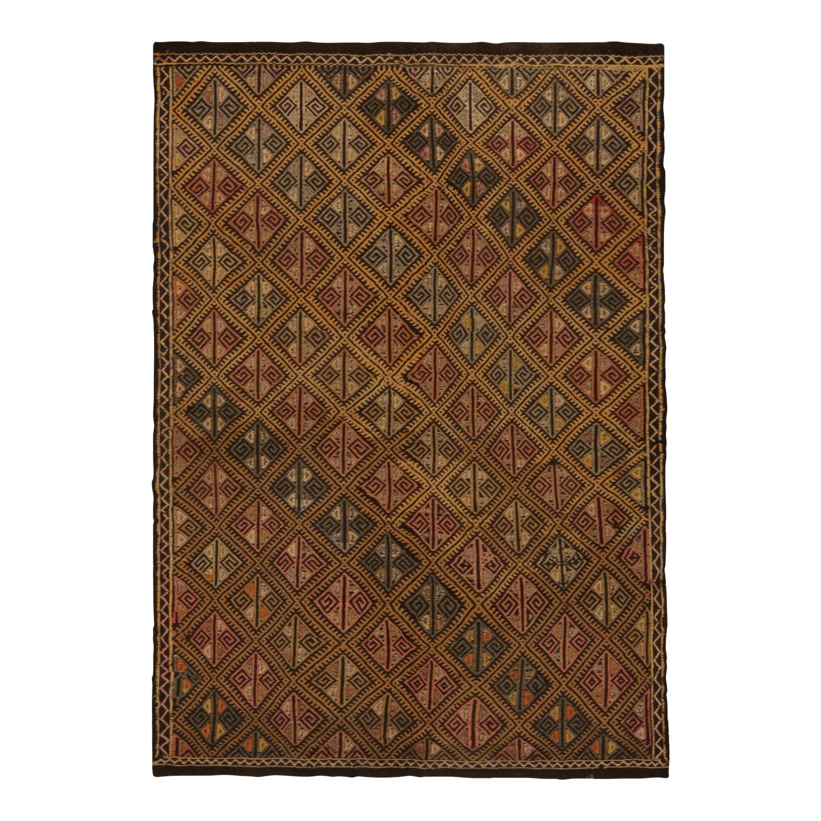 1950s Vintage Chaput Tribal Kilim in Brown With Pink and Gold Geometric ...