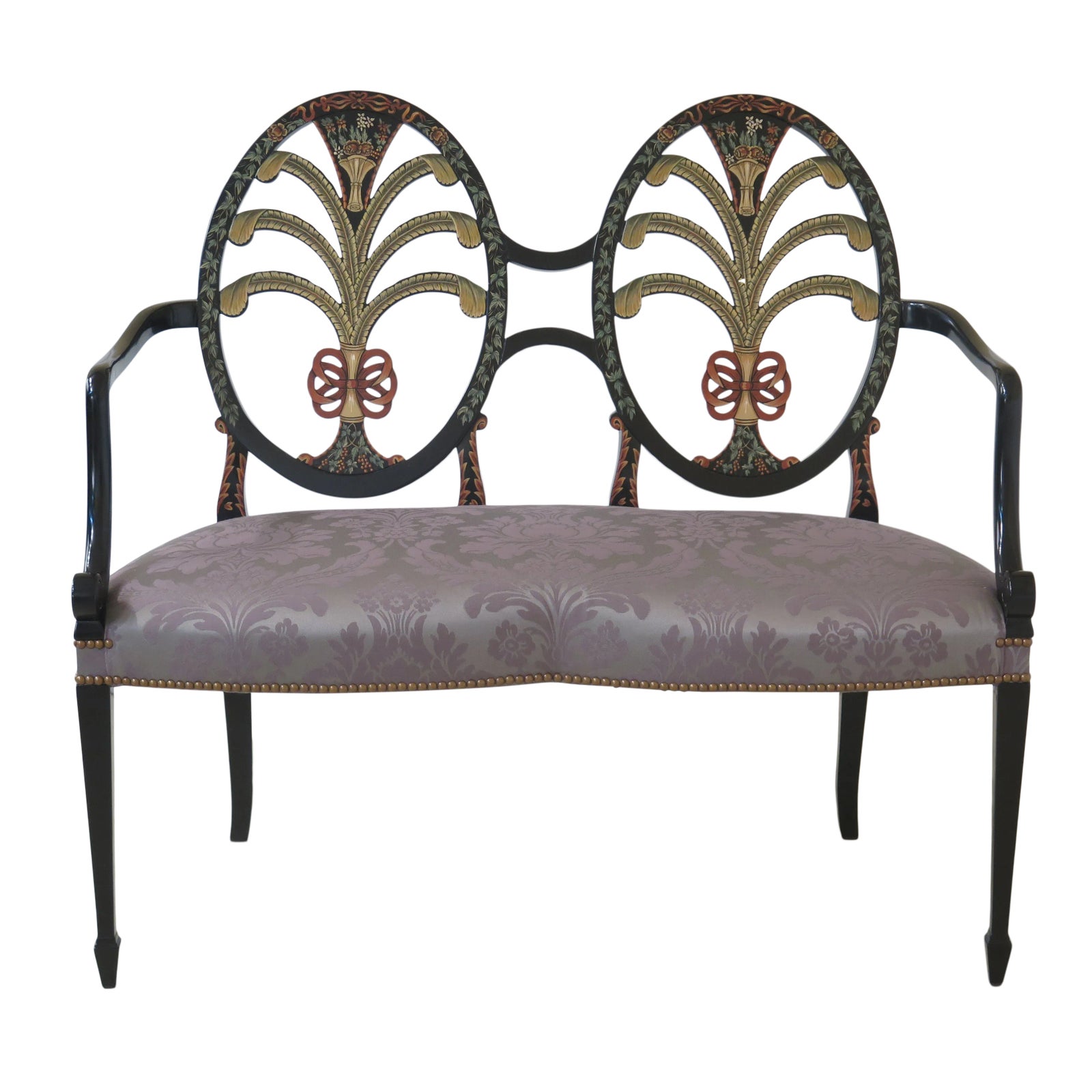 Hepplewhite Paint Decorated Double Settee Bench | Chairish