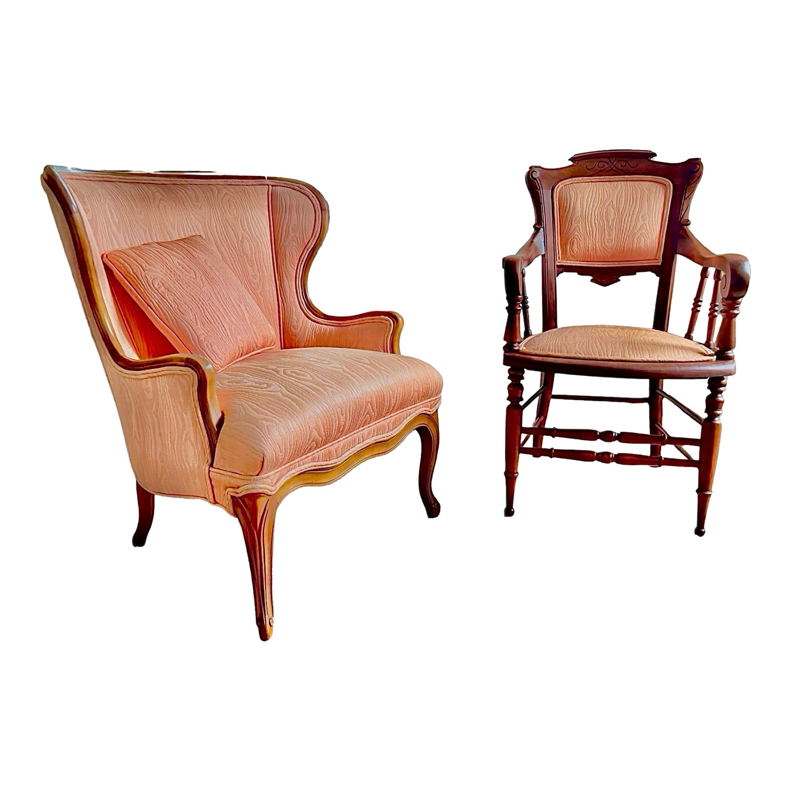 1960s Italian Faux Bois Velvet Peach Parlor Chairs - Set of Two | Chairish
