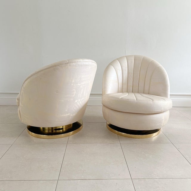 Pair of Milo Baughman Clamshell Swivel Chairs With Brass Basses | Chairish