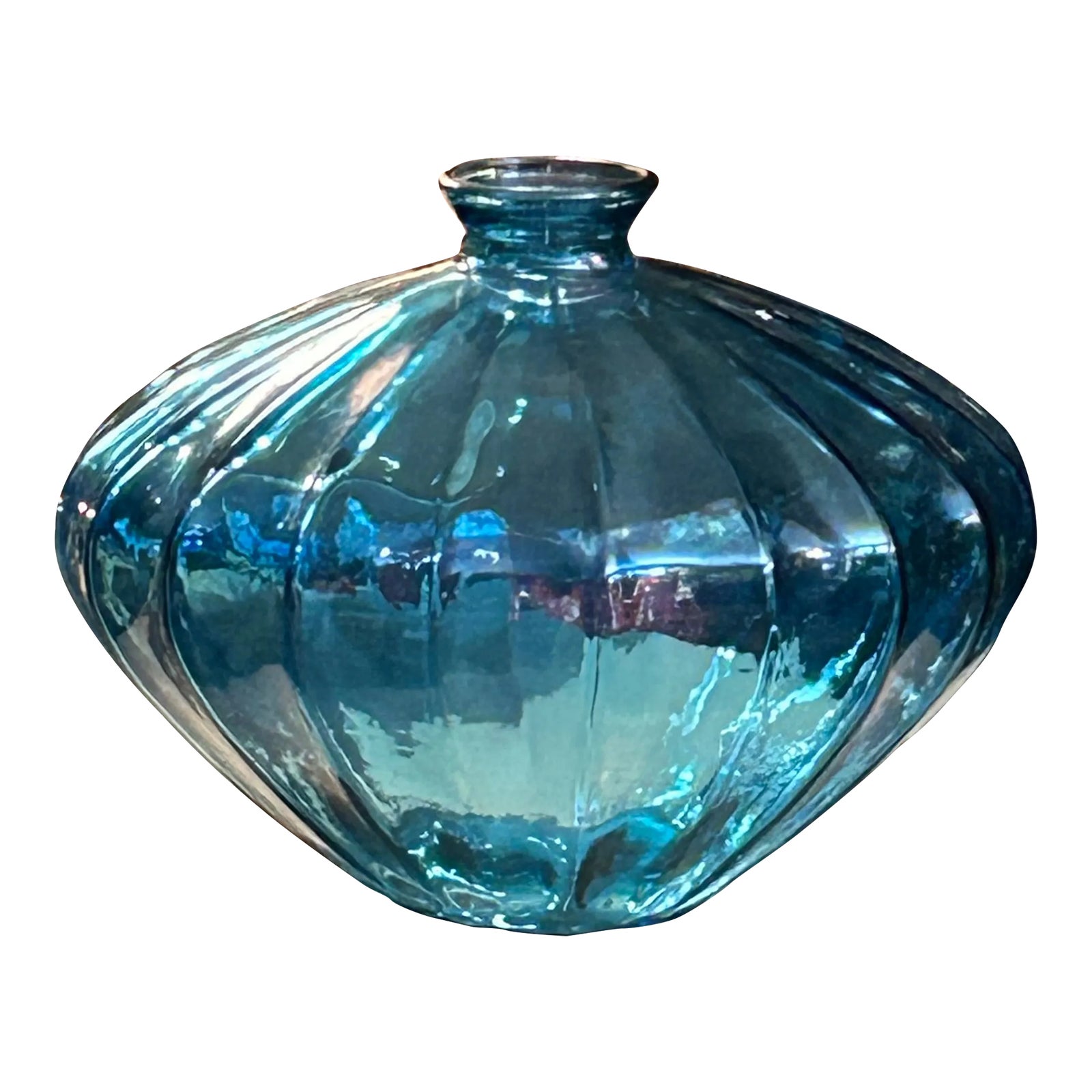 1980s Oversized Vintage Heavy Blue Ribbed Vase | Chairish