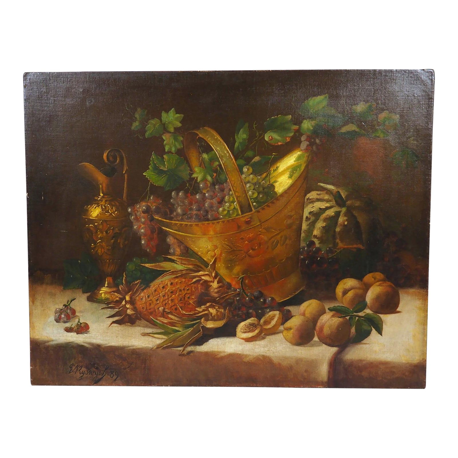 Antique Still Life Painting of an Arrangement of Fruit and Golden ...