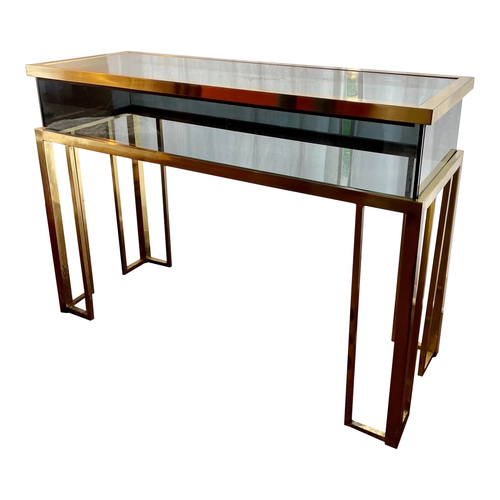 Italian Design Console Table in Brass and Gray Smoked Glass | Chairish